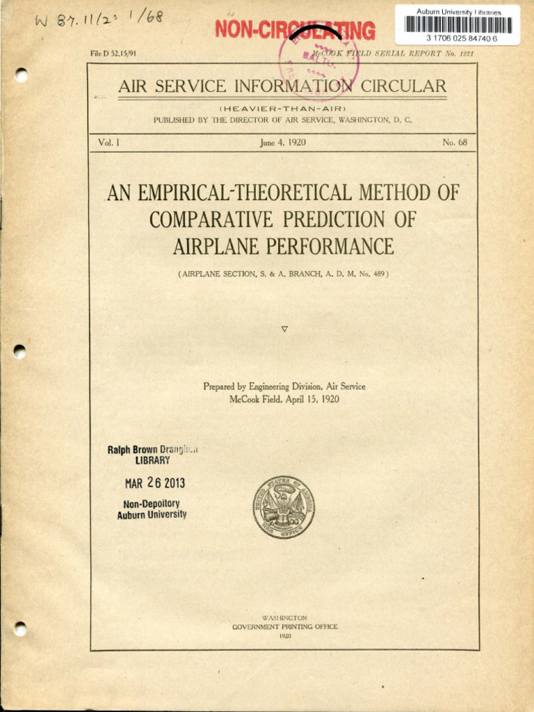 Empirical-Theoretical Method of Comparative Prediction of Airplane Performance (4 June 1920 ...