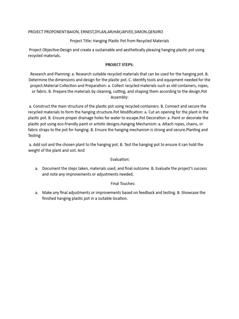 TLE PROJECT PLAN | PDF | Plastic | Recycling