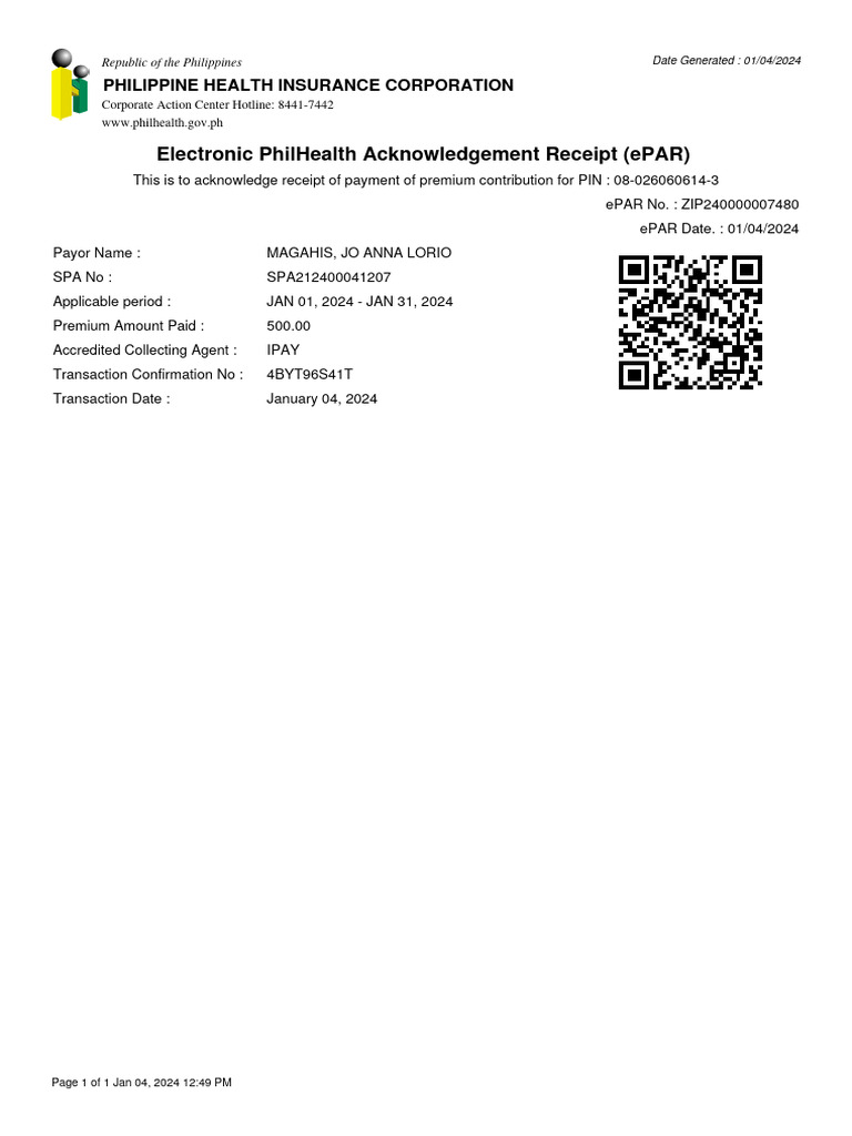 PhilHealth ePAR Acknowledgment Receipt | PDF | Business | Law