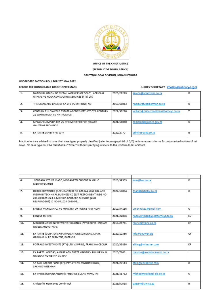 25 May 2022 - Unopposed Motion Roll Before Opperman J | PDF | South ...