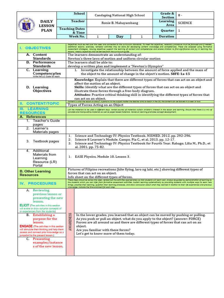 Science 8 DLP Q1W1D1 | PDF | Force | Friction