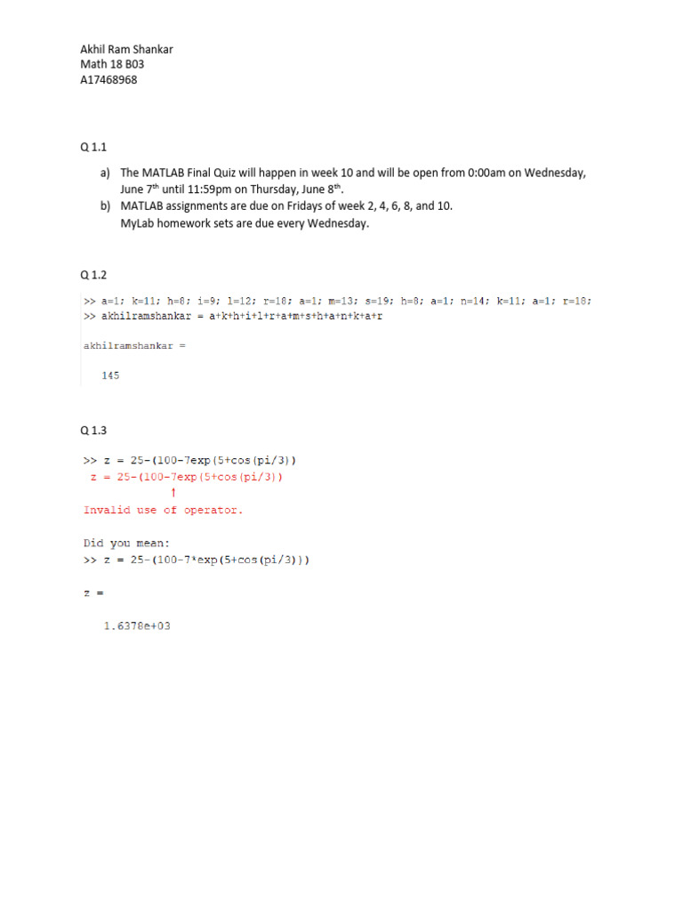 Matlab Assignment 1 | PDF | Teaching Methods & Materials Matlab Assignment 1 | PDF | Teaching Methods & Materials