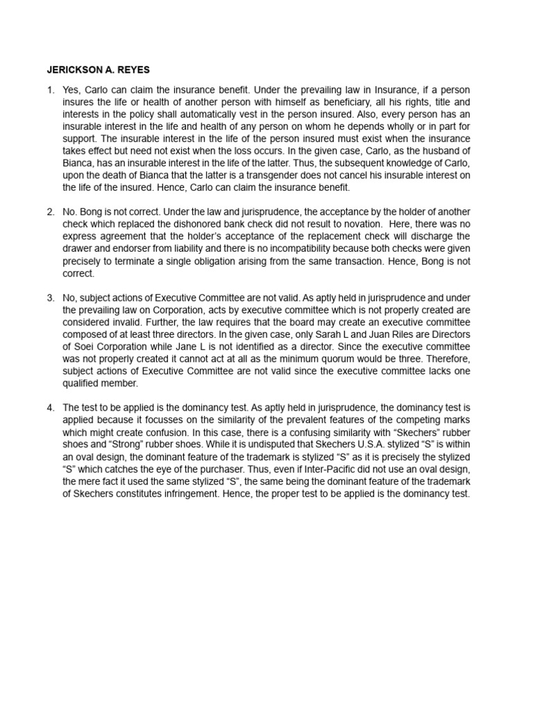 Quiz No. 1 - Jerickson A. Reyes - COMMREV Section B | PDF | Insurance ...