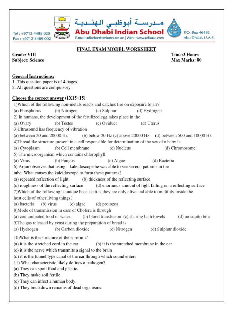Grade 8 Science Final Exam Model Worksheet | PDF | Reproduction | Bacteria
