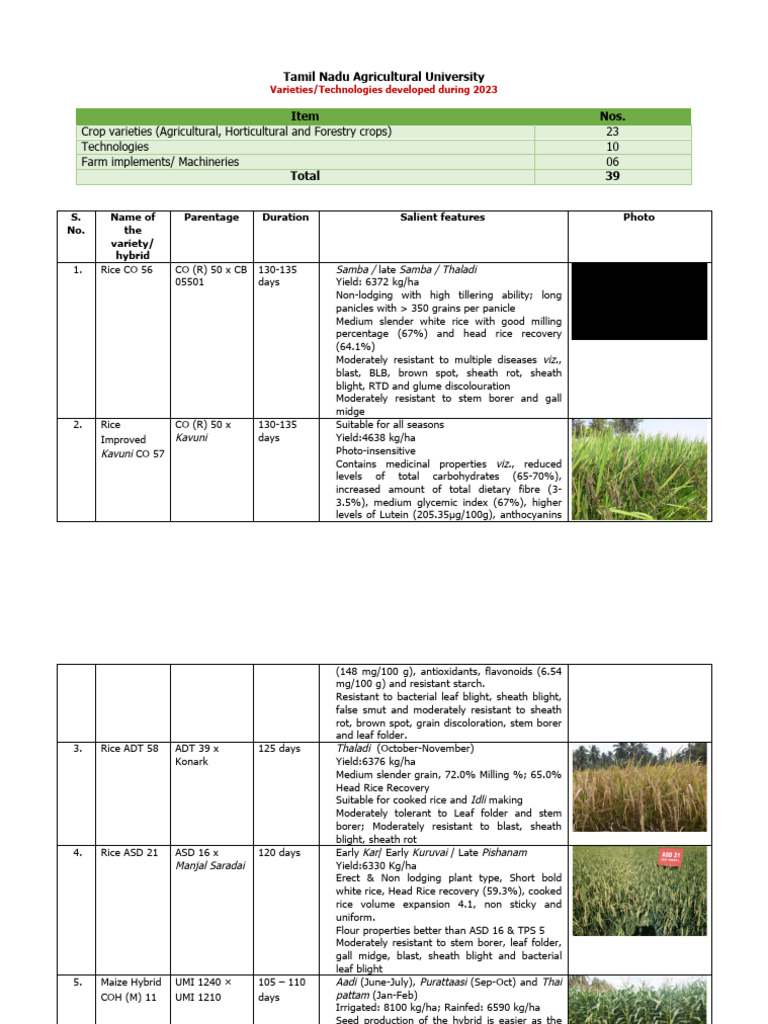 2023 TNAU Crop Varieties & Tech | PDF | Rice | Plants
