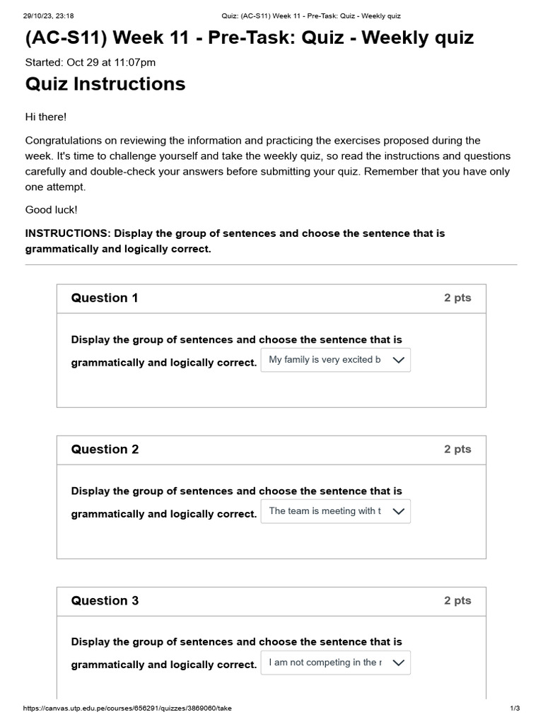 Quiz - (AC-S11) Week 11 - Pre-Task - Quiz - Weekly Quiz | PDF | Quiz Games