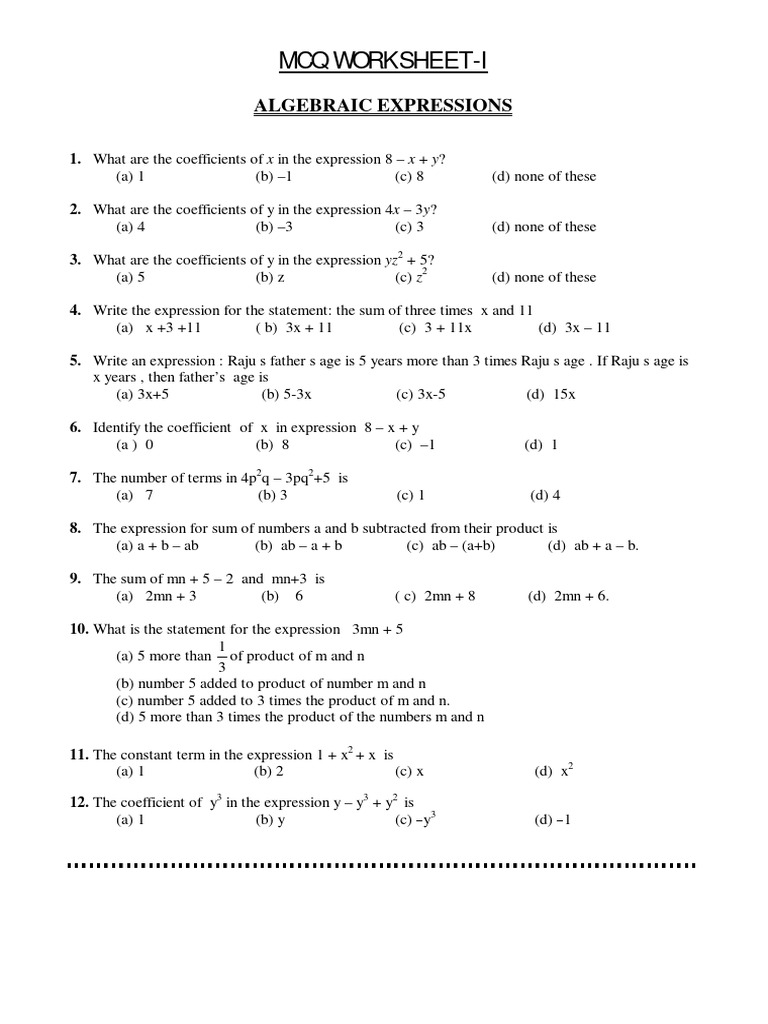 MCQ Worksheet 1 | PDF