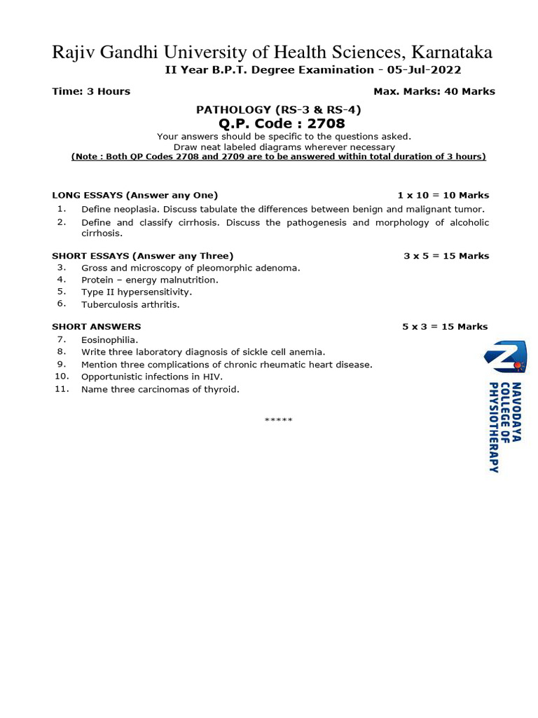 Rguhs 2nd BPT July 2022 QP | PDF | Infection | Neoplasms