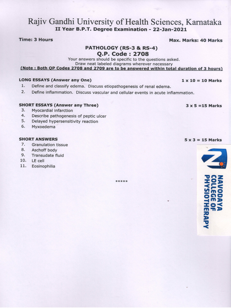 Rguhs 2nd BPT January 2021 QP | PDF