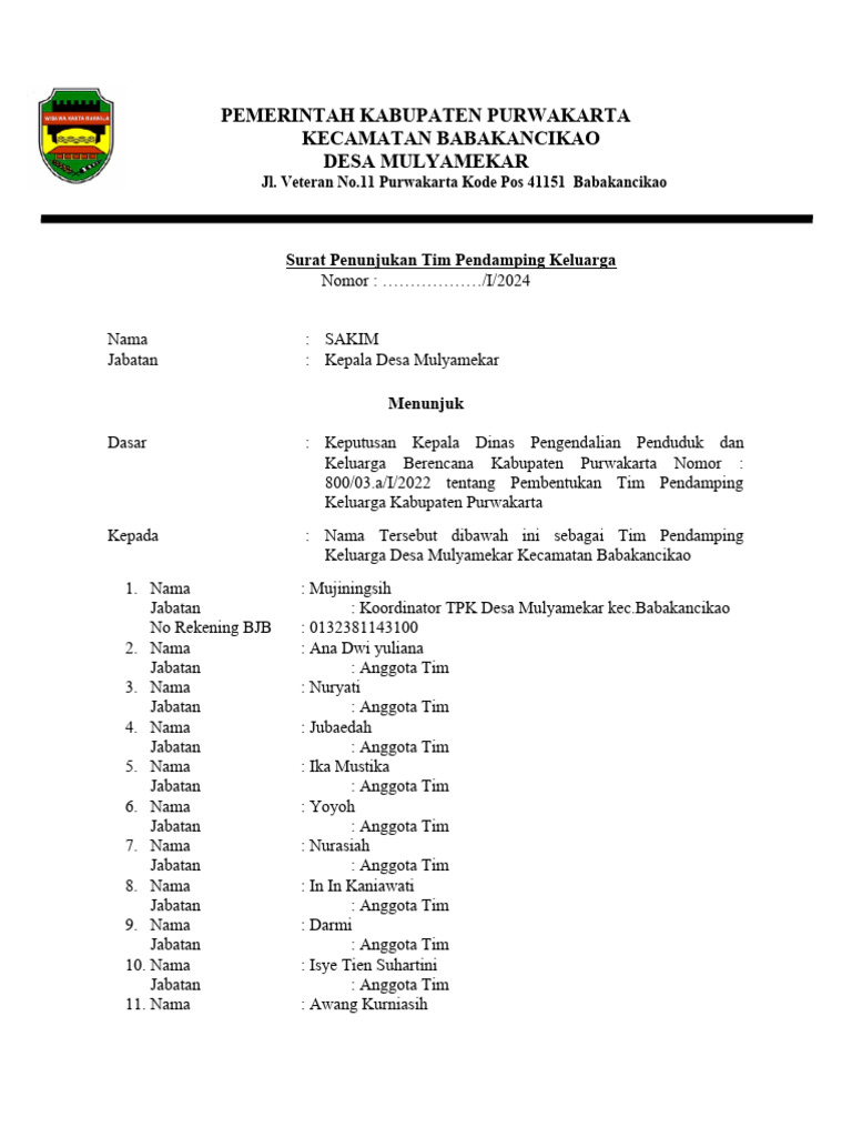 Surat Penunjukan Kader TPK Mulyamekar 2024 | PDF