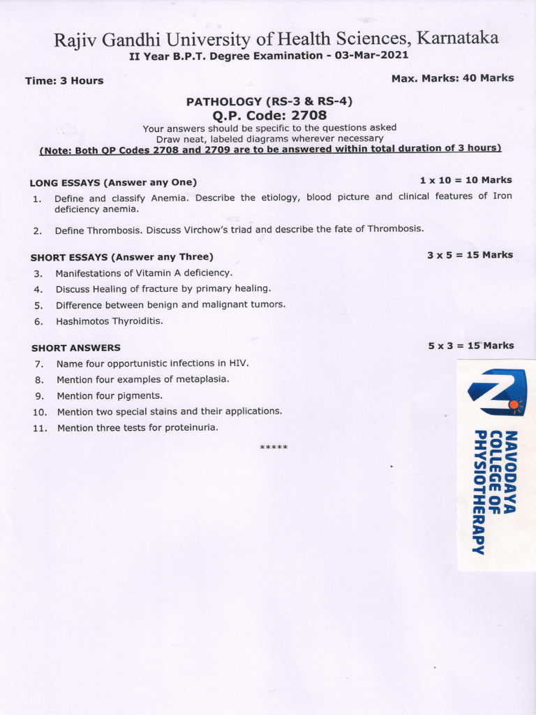 Rguhs 2nd BPT March 2021 QP | PDF