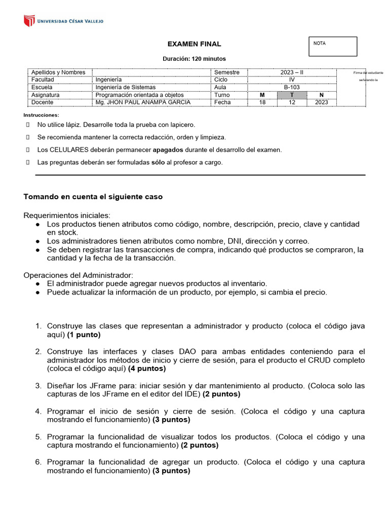Examen Final - POO - 2023-2 - B1 | Descargar gratis PDF | Programación orientada a objetos ...