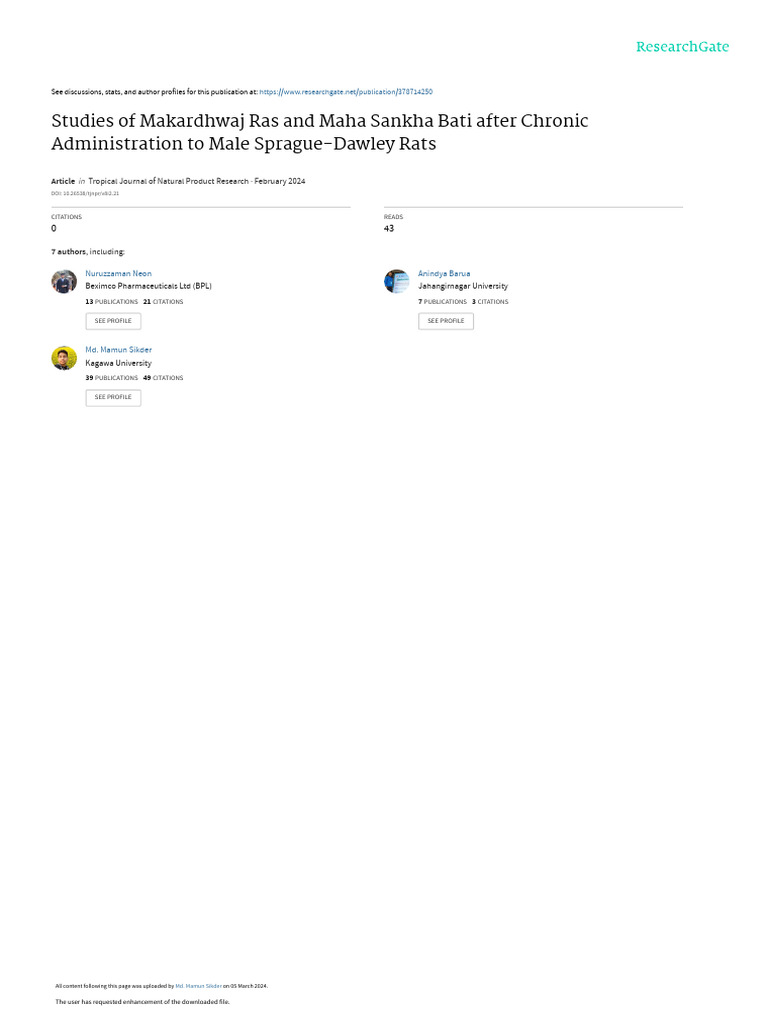 Preclin Hba1c Level Studies of Makardhwaj Ras and Maha Sankha Bati After Chronic Admn To Male S ...