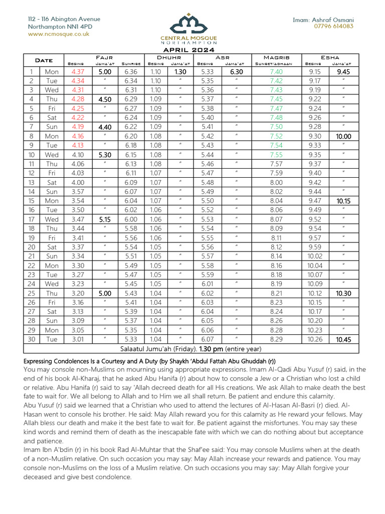 April Prayer Timetable for NCM | PDF | Patience | Abrahamic Religions
