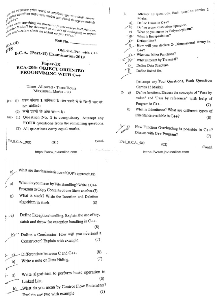 Bca Part 2 Object Oriented Programming With CPP 1718 2019 | PDF