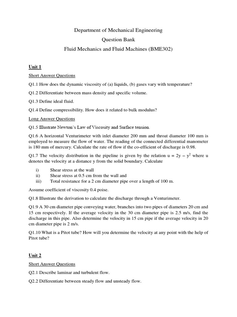 Question Bank BME302 ME 3 Sem 2023 24 | PDF | Fluid Dynamics | Viscosity