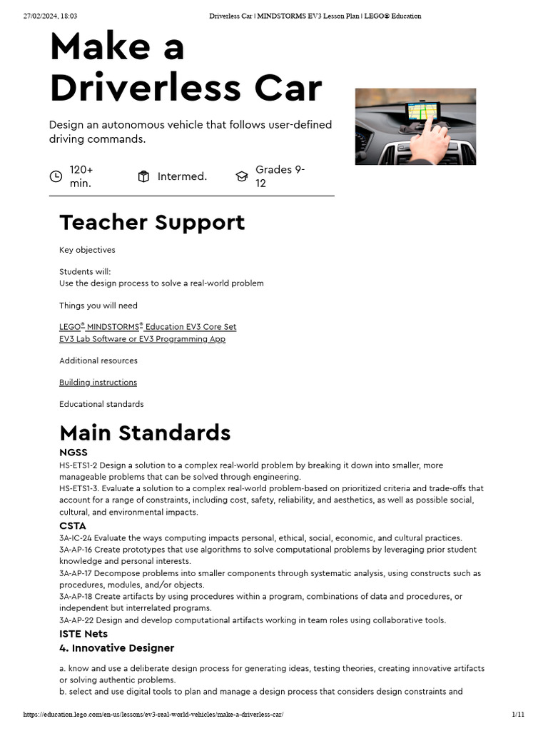Driverless Car - MINDSTORMS EV3 Lesson Plan - LEGO® Education | PDF ...