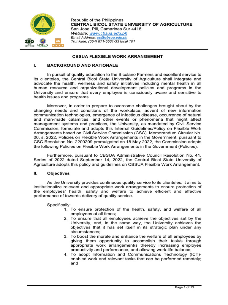 CBSUA Flexible Work Arrangement | PDF | Workweek And Weekend | Overtime