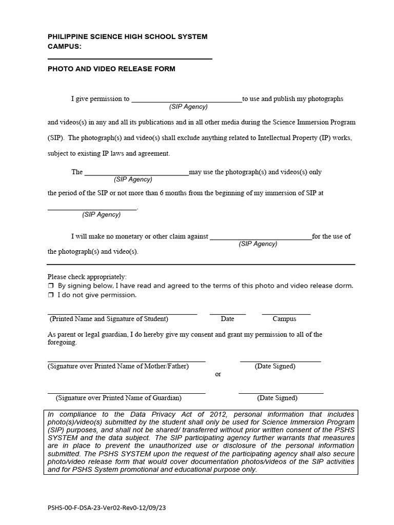 PSHS-00-F-DSA-23-Ver02-Rev0 Photo and Video Release Form | PDF