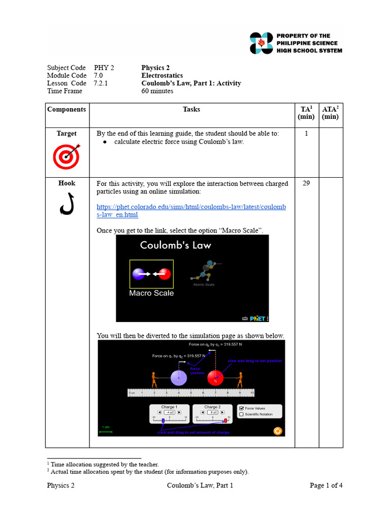 SLG - Phy 2 - Module 7.0 - Lesson 7.2.1 Coulombs Law, Part 1 | PDF ...