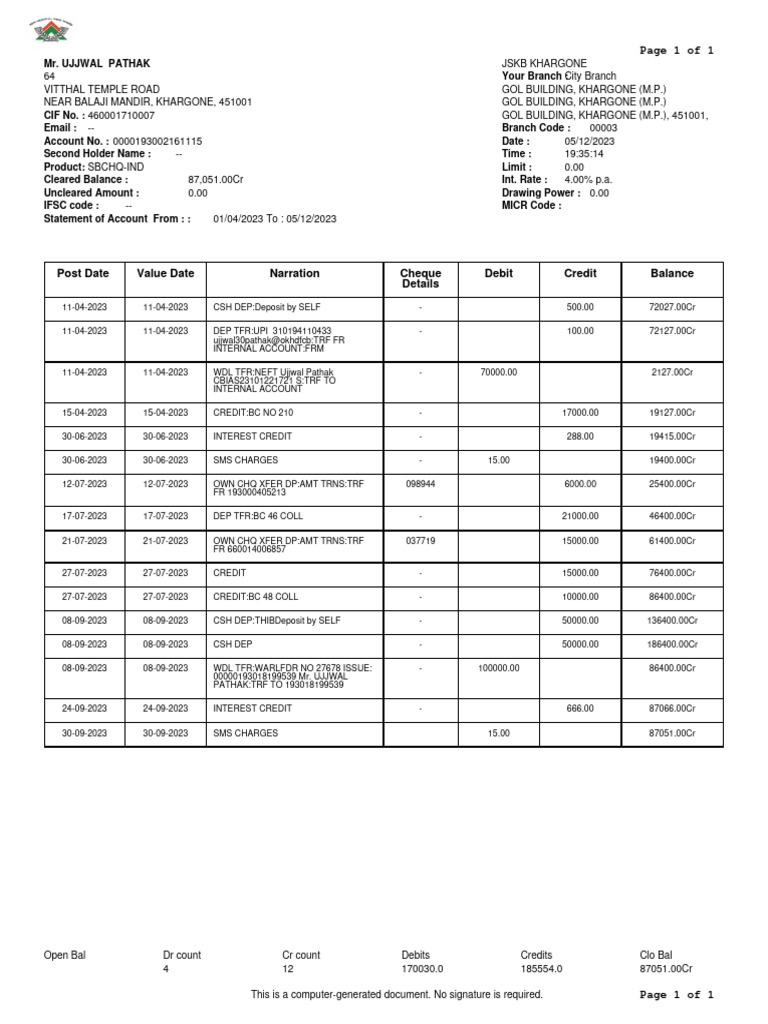 Post Date Value Date Narration Cheque Details Debit Credit Balance