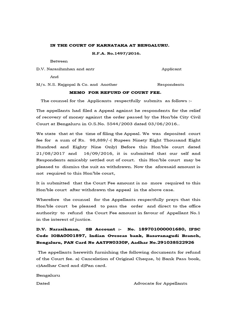 Court Fee Refund Application Memo | PDF | Affidavit | Lawsuit