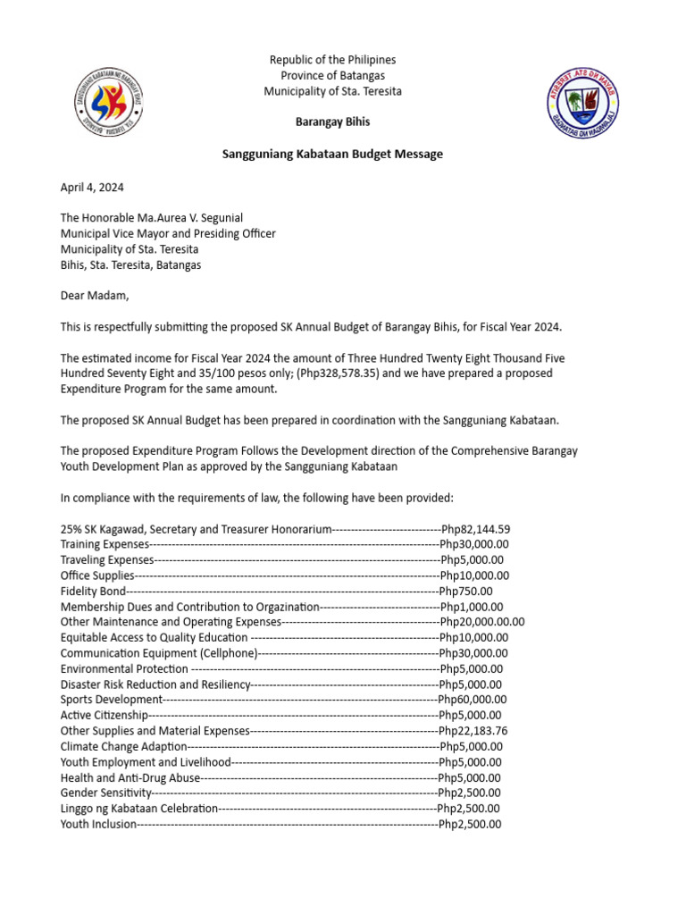 Sangguniang Kabataan Budget Message | PDF