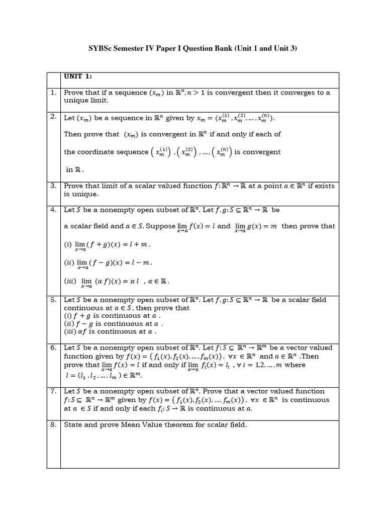 SYBSc Semester IV Paper I Question Bank (Unit 1 and 3) | Download Free PDF | Function ...