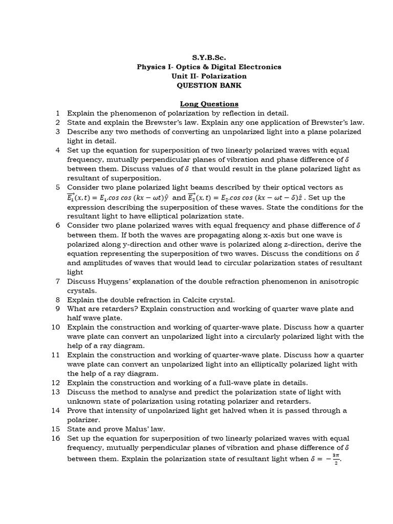 SYBSc Sem IV Question Bank - Physics I - Unit II and III | PDF ...