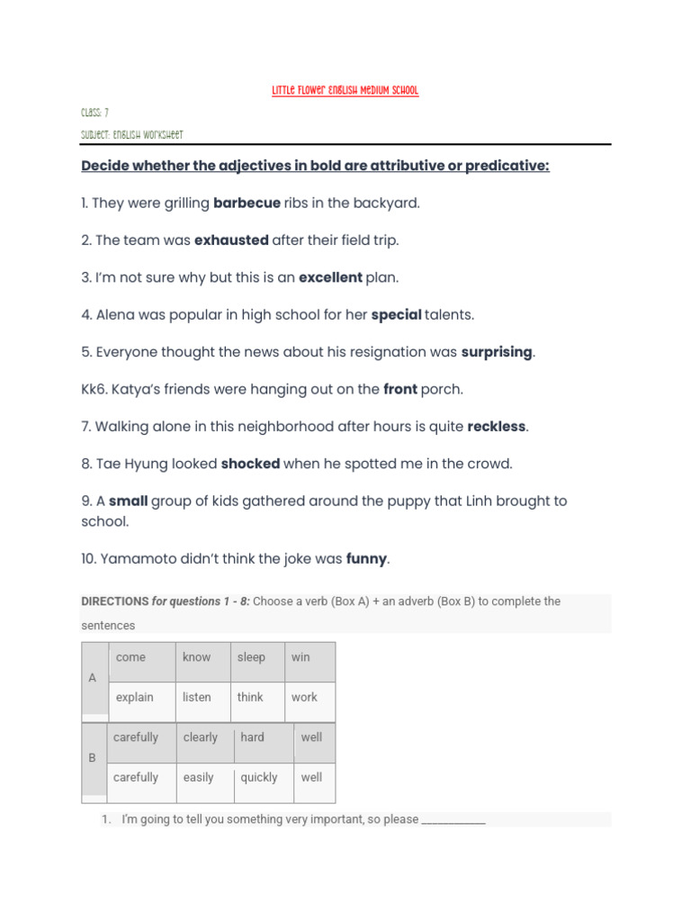 English Worksheet Class 7 | PDF