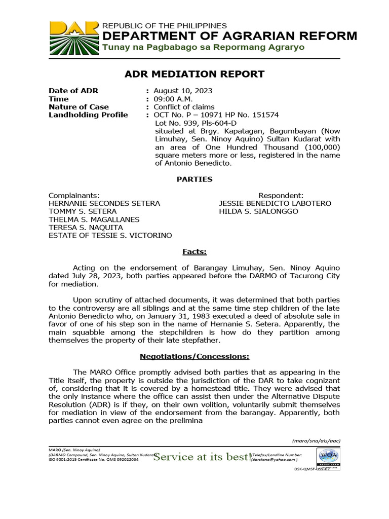 Adr Mediation Report | PDF | Alternative Dispute Resolution | Mediation