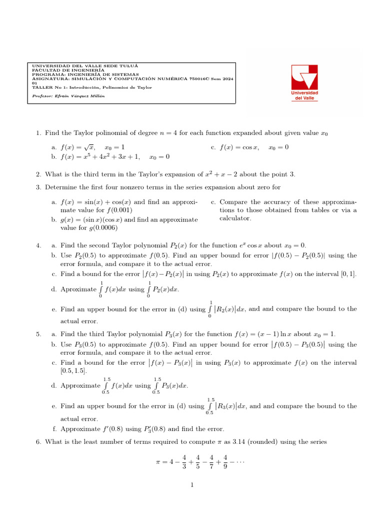 Taller #1 Introducción. Taylor | PDF | Applied Mathematics ...