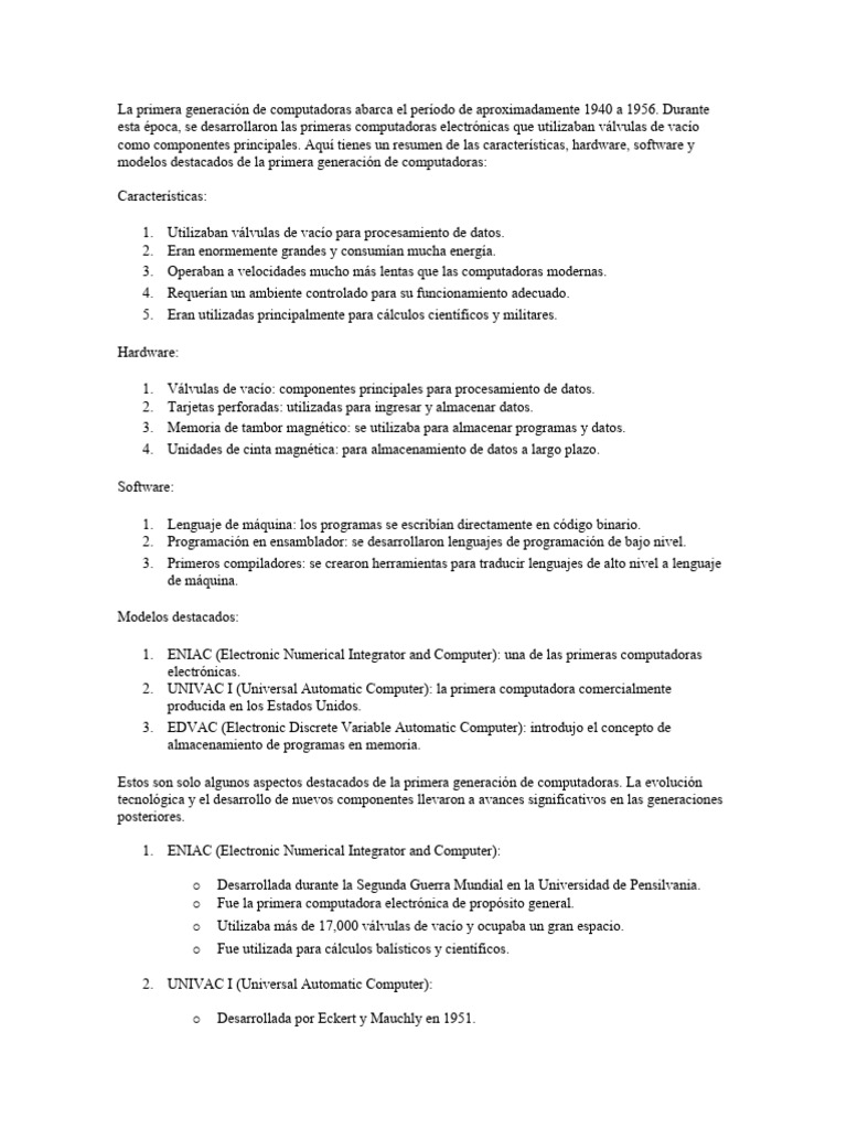 La Primera Generación de Computadoras Abarca El Período de ...