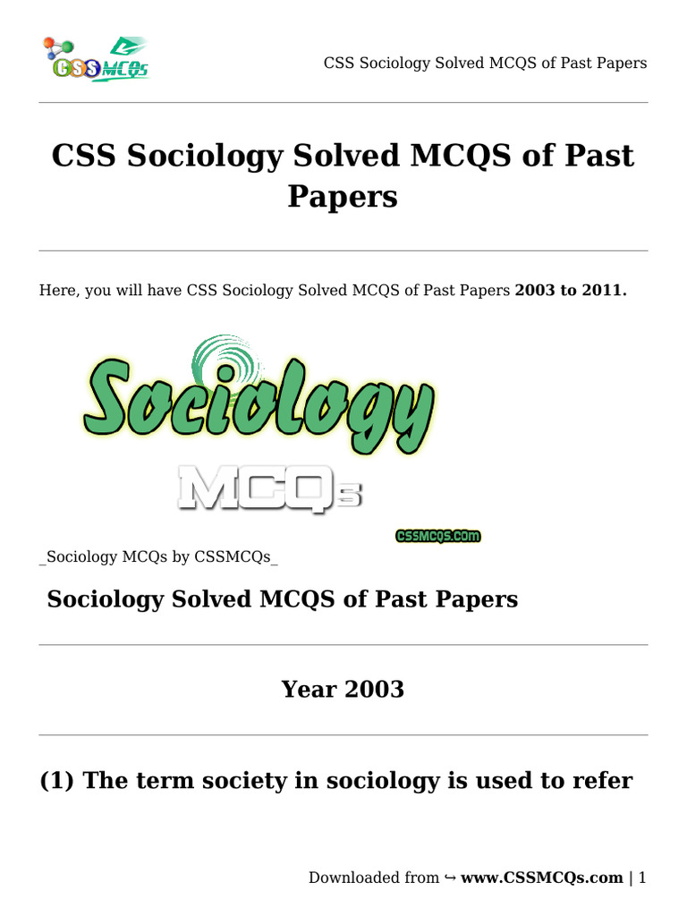 CSS Sociology Solved MCQS of Past Papers | PDF | Sociology | Society
