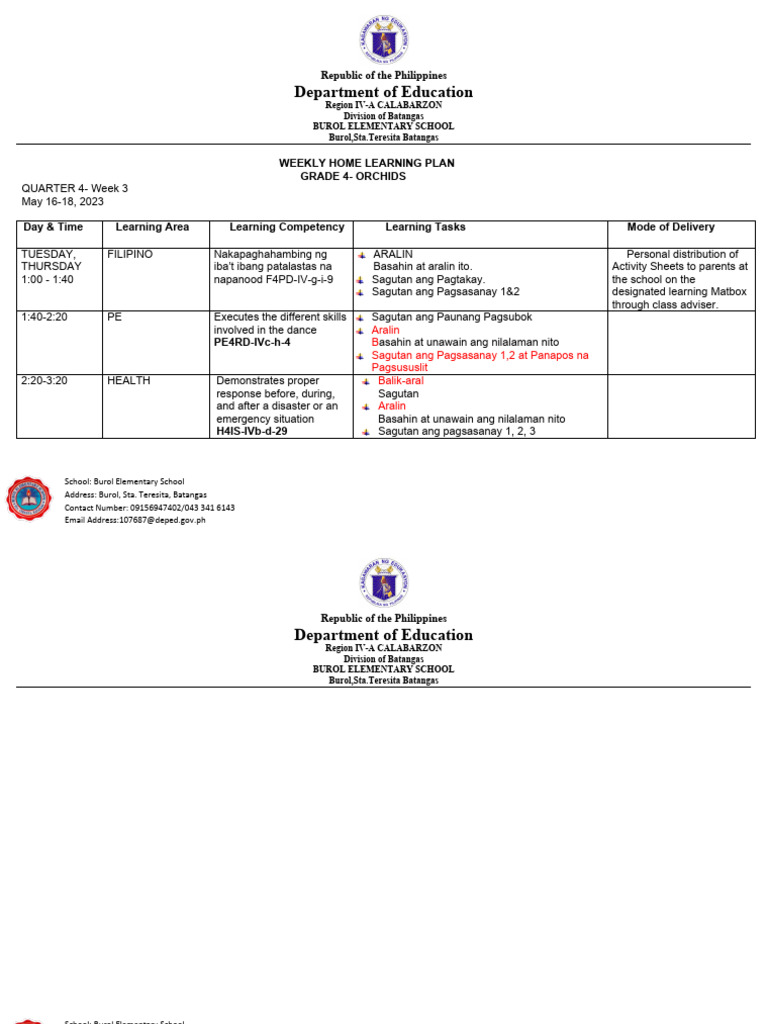 Grade 4 Weekly Learning Plan | PDF | Philippines | Government