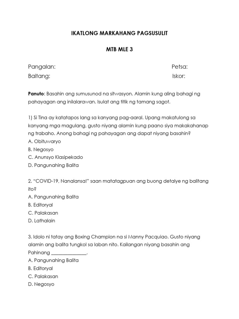 MTB Mle 3 Ikatlong Markahang Pagsusulit | PDF