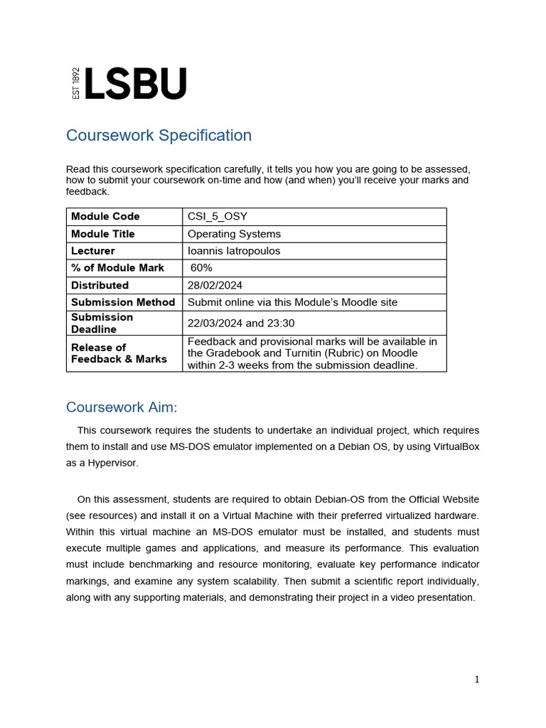 RESIT CW Specification CSI 5 OSY-2023-24 | PDF | Operating System | Emulator