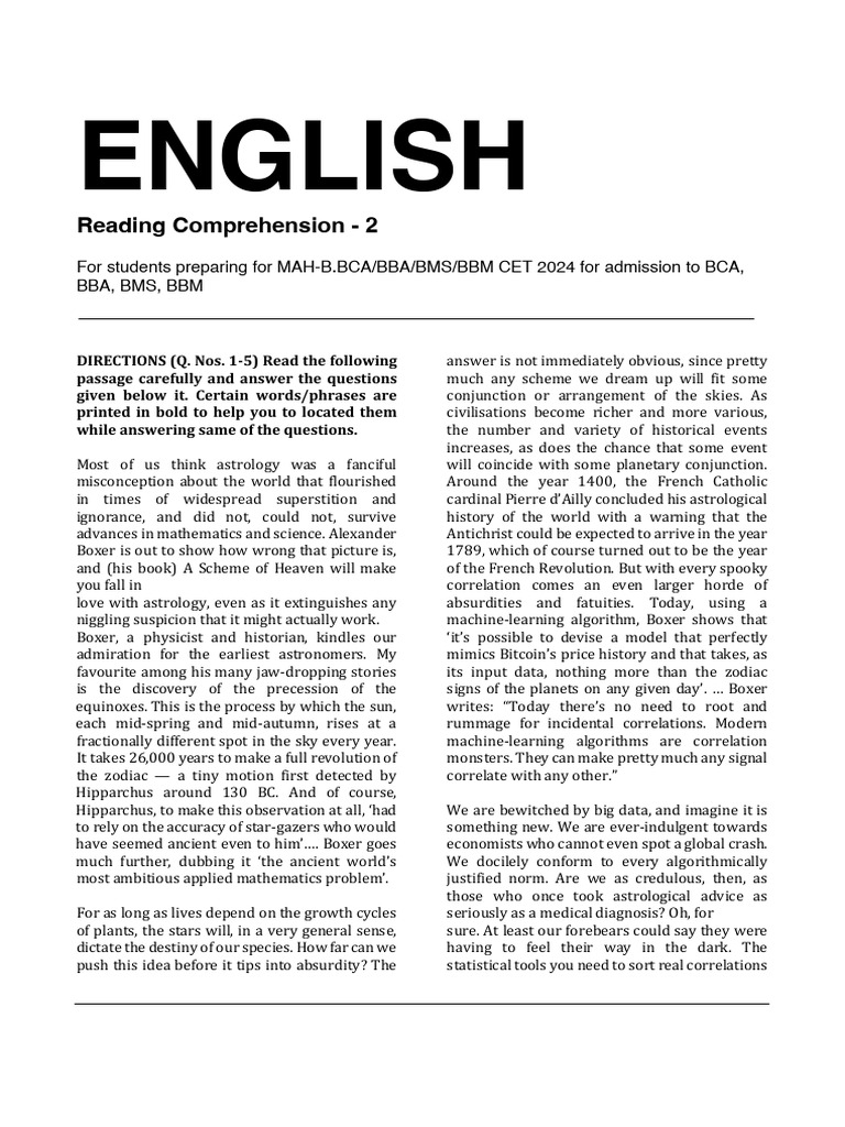 English Reading Comprehension for MAH-B.BCA/BBA/BMS/BBM CET 2024 | PDF ...