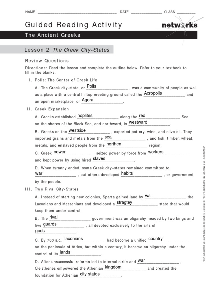 Netw Rks Guided Reading Activity: Lesson 2 The Greek City-States ...