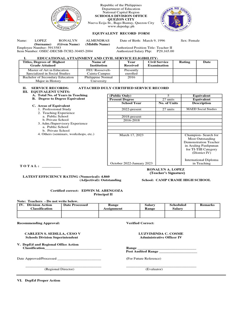 ERF-form - Ronalyn Lopez | PDF | Teachers | Educational Stages