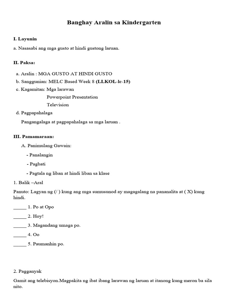 Kindergarten Lesson Plan | PDF