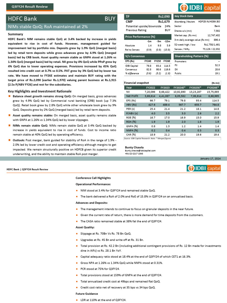 IDBI Capital HDFC Bank Q3FY23 Results Review | PDF | Banks | Credit