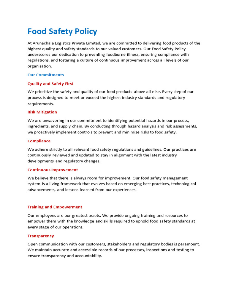 Food Safety Policy | PDF | Food Safety | Safety