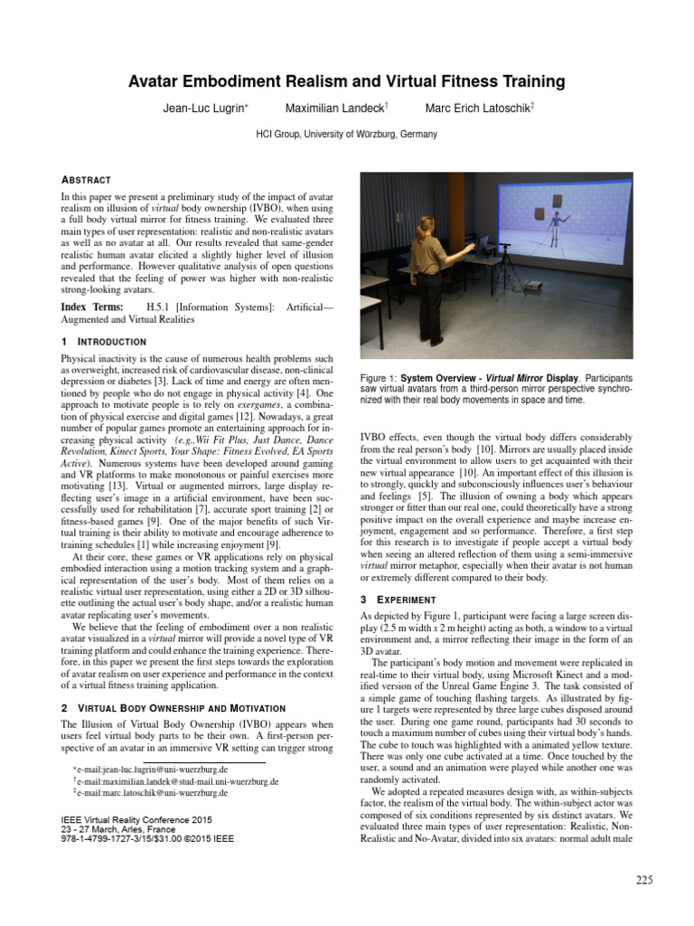 Avatar Embodiment Realism and Virtual Fitness Training | PDF | Virtual Reality | Computing