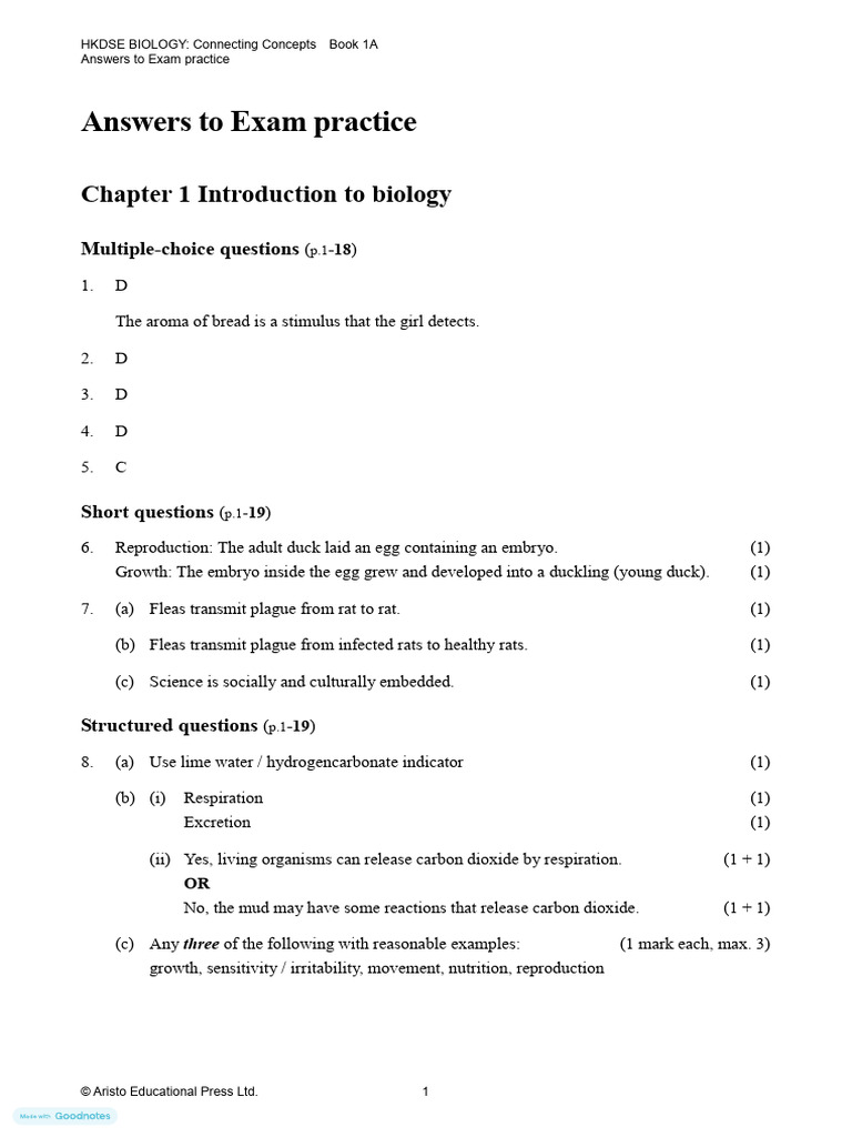 Answers To Exam Practice: Chapter 1 Introduction To Biology | PDF ...