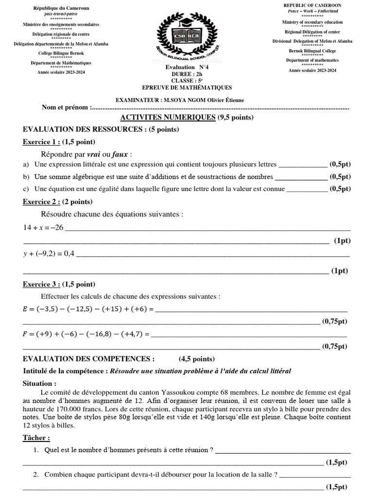 Evaluation 5 Classe de 5e | PDF | Mathématiques élémentaires | Géométrie