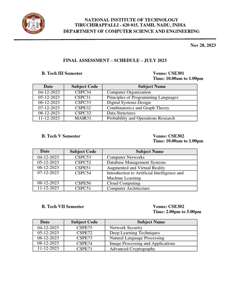 CSE Final Assessment Schedule July 2023 | PDF | Artificial Intelligence ...
