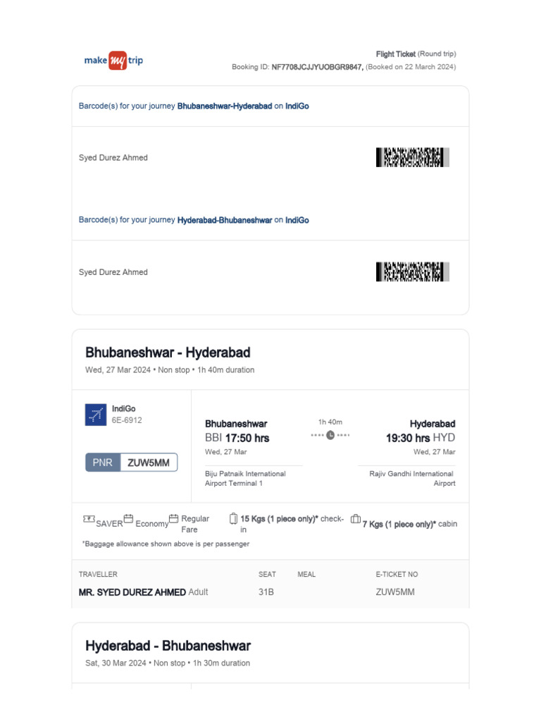 Round Trip Flight Itinerary: BBI-HYD-BBI | PDF | Identity Document ...