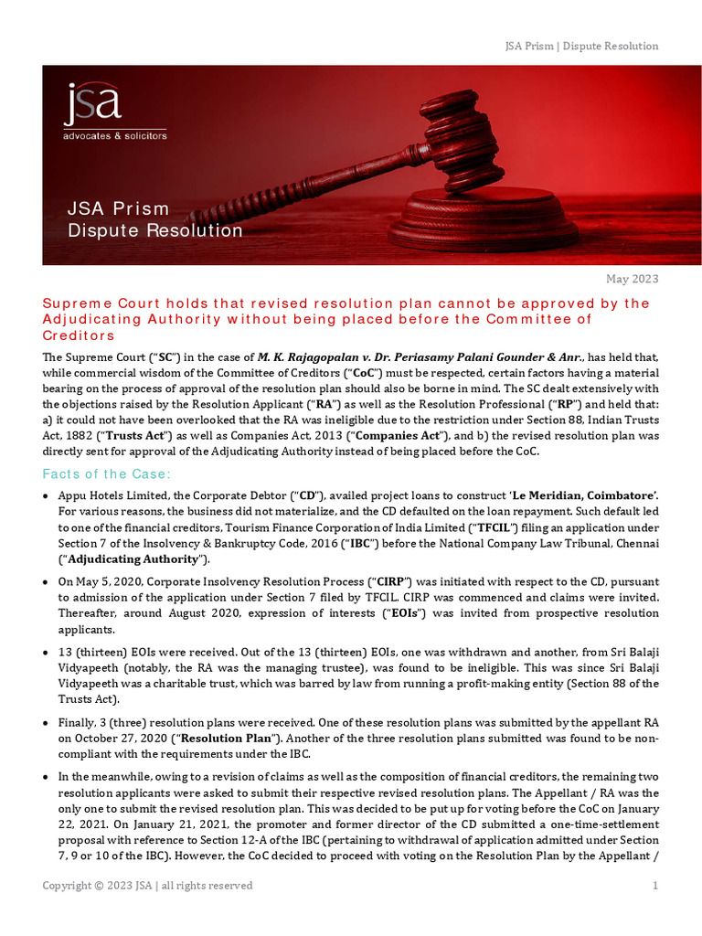 Final Draft JSA Prism Dispute Resolution May 2023 - V10821 | PDF | Bankruptcy | Business Law