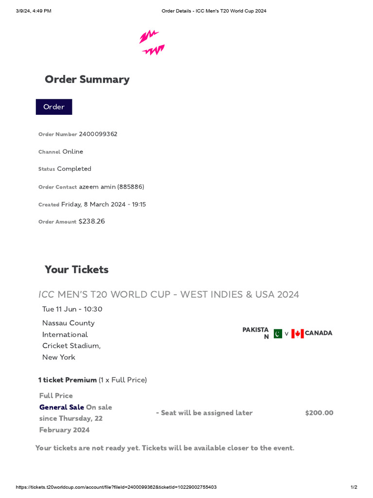 Order Details - ICC Men's T20 World Cup 2024 | PDF | Payments